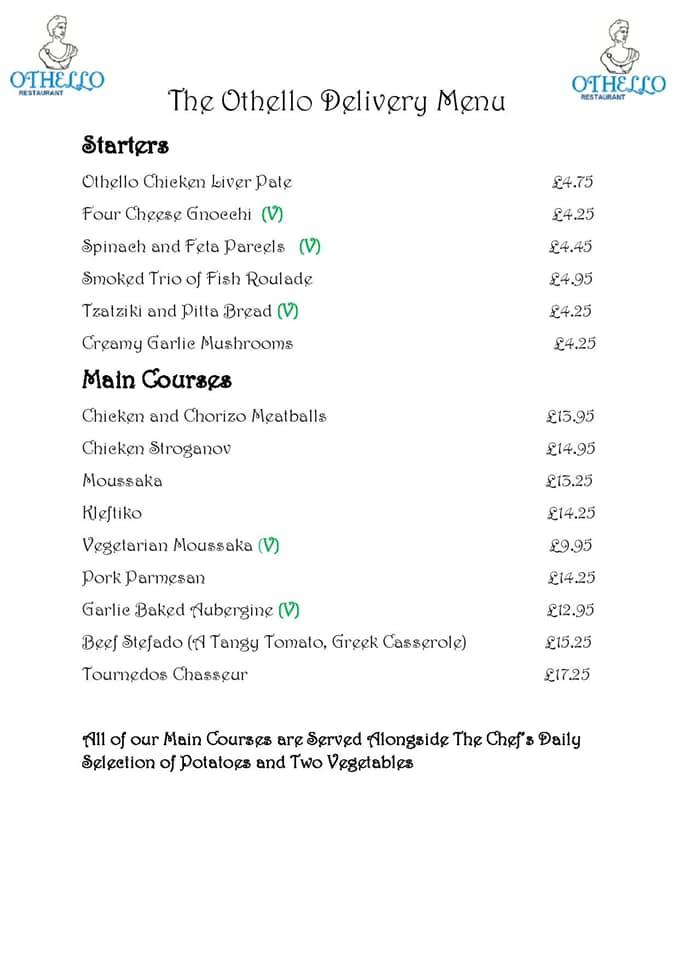 Menu at Othello restaurant, Grimsby