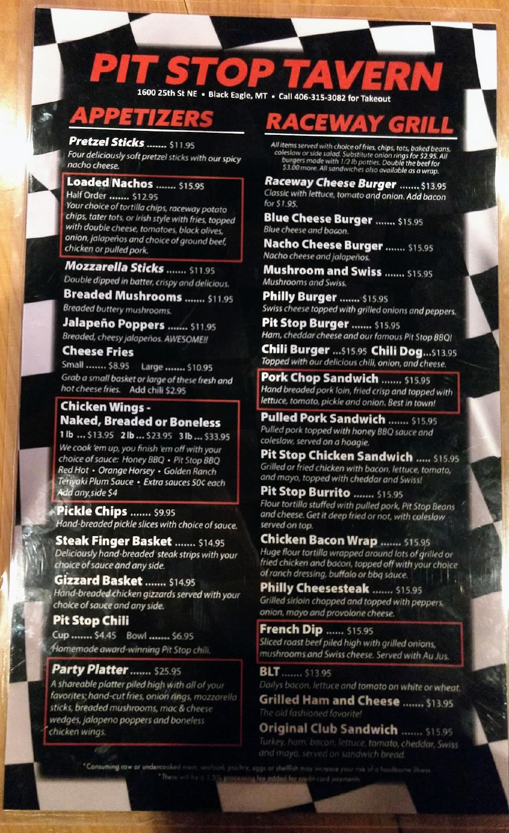Menu at Pit Stop, Raceway Cafe & Black Eagle Brewery, Black Eagle
