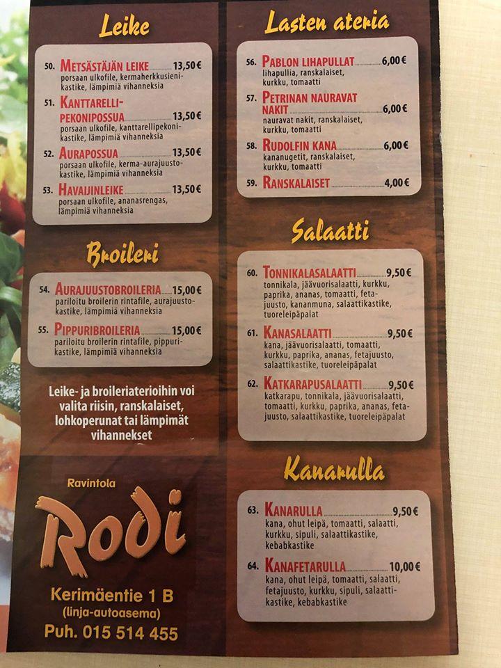 Menu at Ravintola Rodi restaurant, Savonlinna