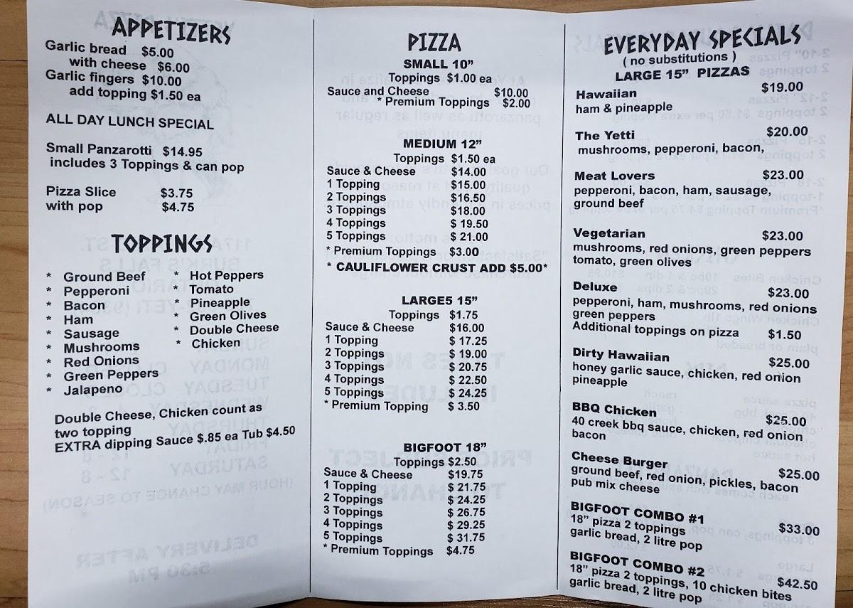 Menu at Yetti's Pizza inc. pizzeria, Burk's Falls, 51 Commercial Dr