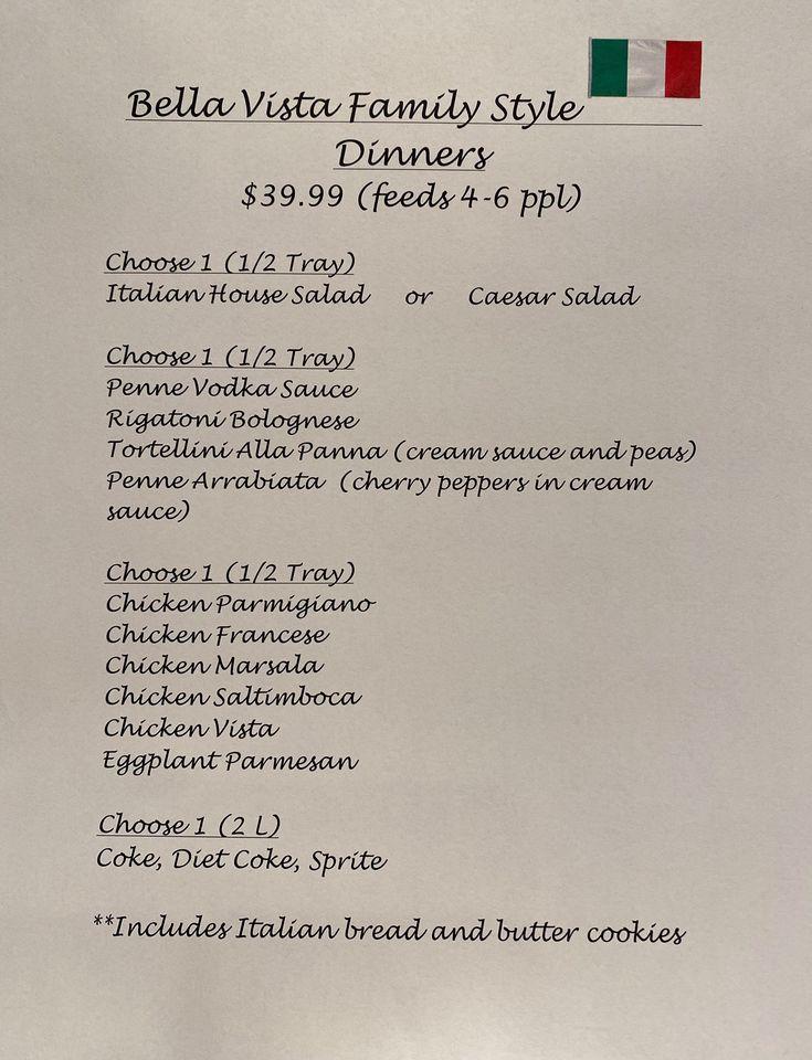 Menu at Bella Vista Ristorante restaurant, West Milford