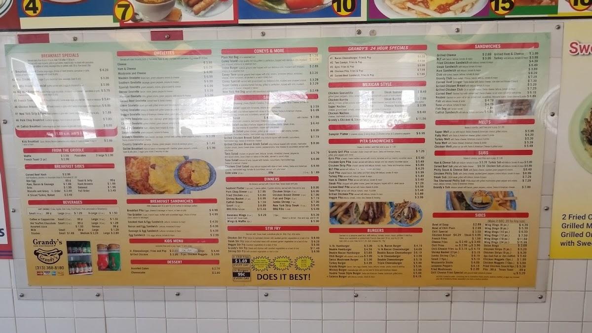 Menu at Grandy's Coney Island restaurant, Detroit, Outer Dr E
