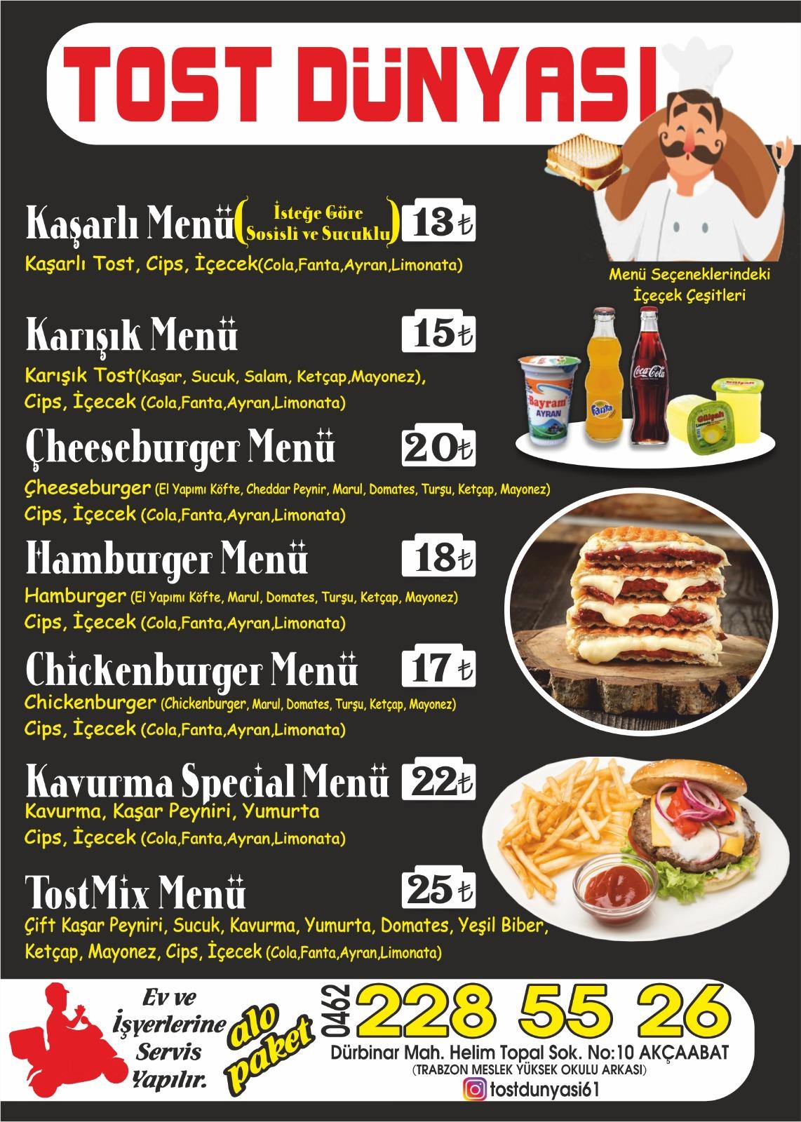 Menu at Tost Dünyası, Akçaabat