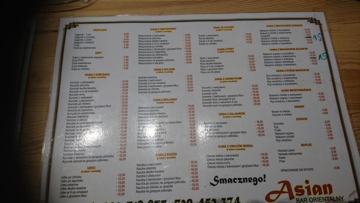 Menu at Bar Asian, Turek