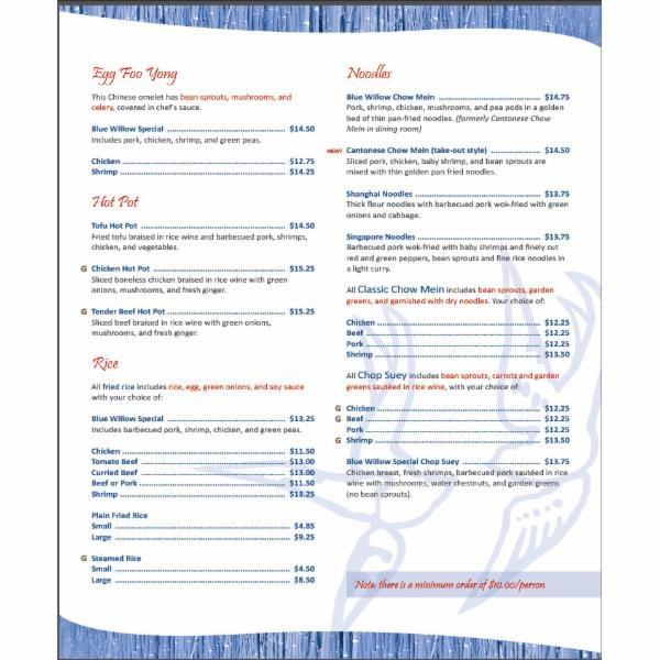 Menu at Blue Willow Restaurant Ltd, Edmonton
