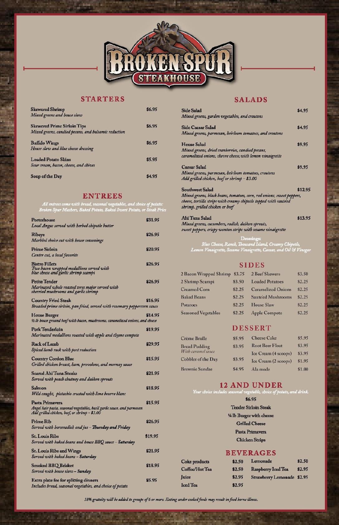 Menu at Broken Spur Inn & Steakhouse, Torrey
