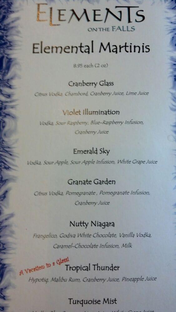 Menu at Elements on the Falls restaurant, Niagara Falls