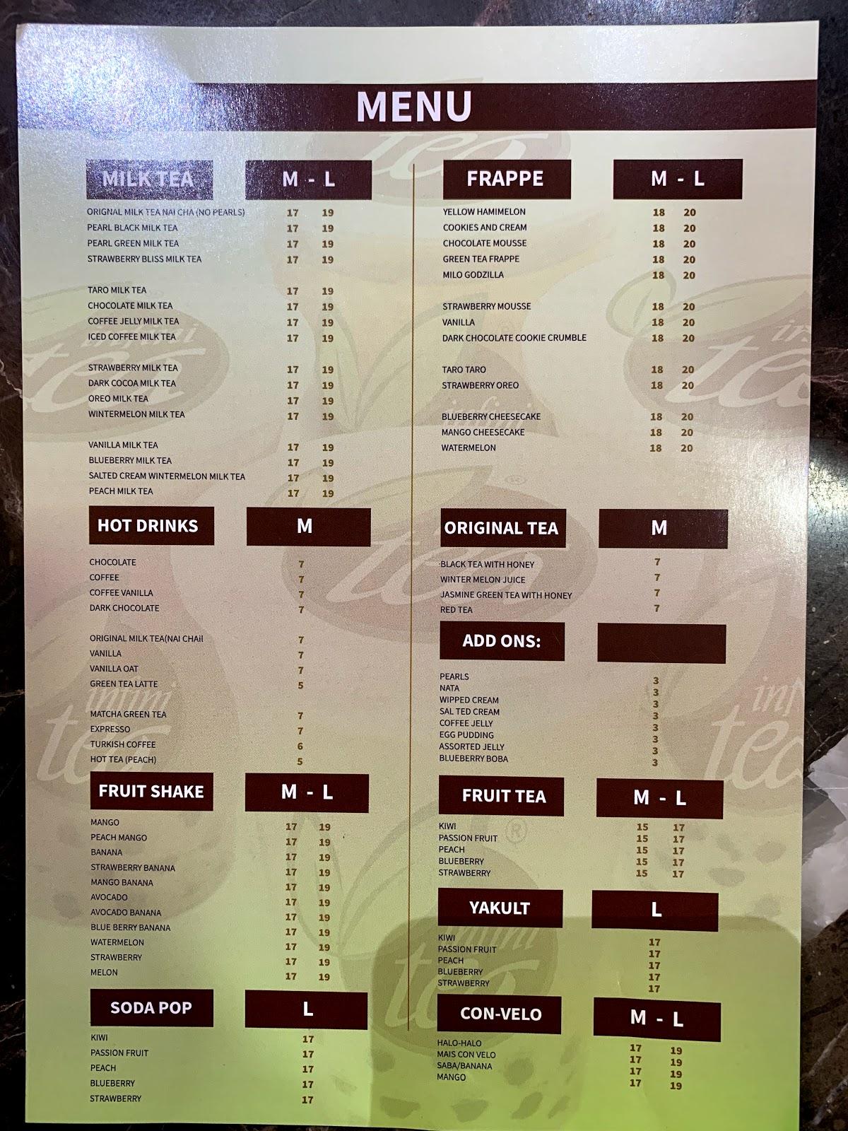 Menu at Infinitea cafe, UAE, 5C63+3P4