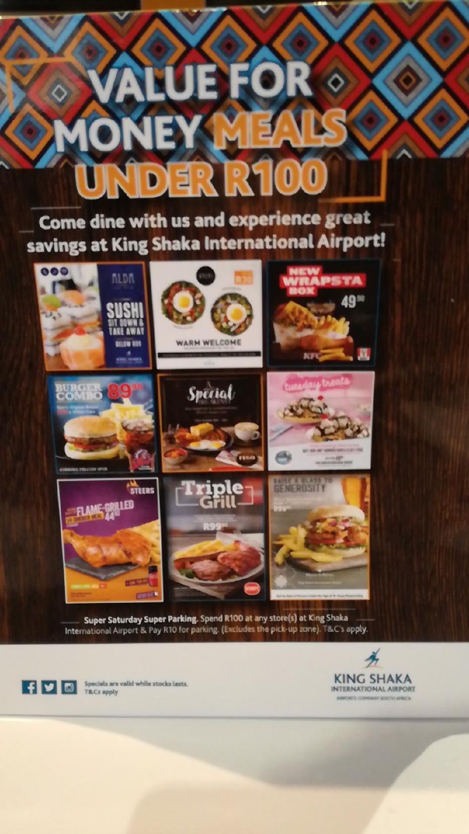 Menu at KFC King Shaka Airport restaurant, La Mercy