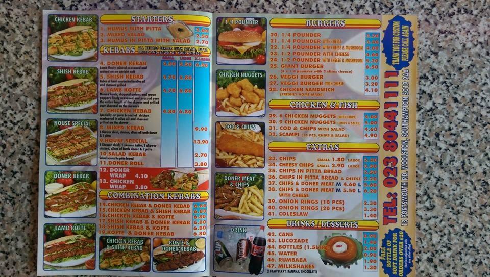 Menu at Kebab Centre restaurant, Southampton
