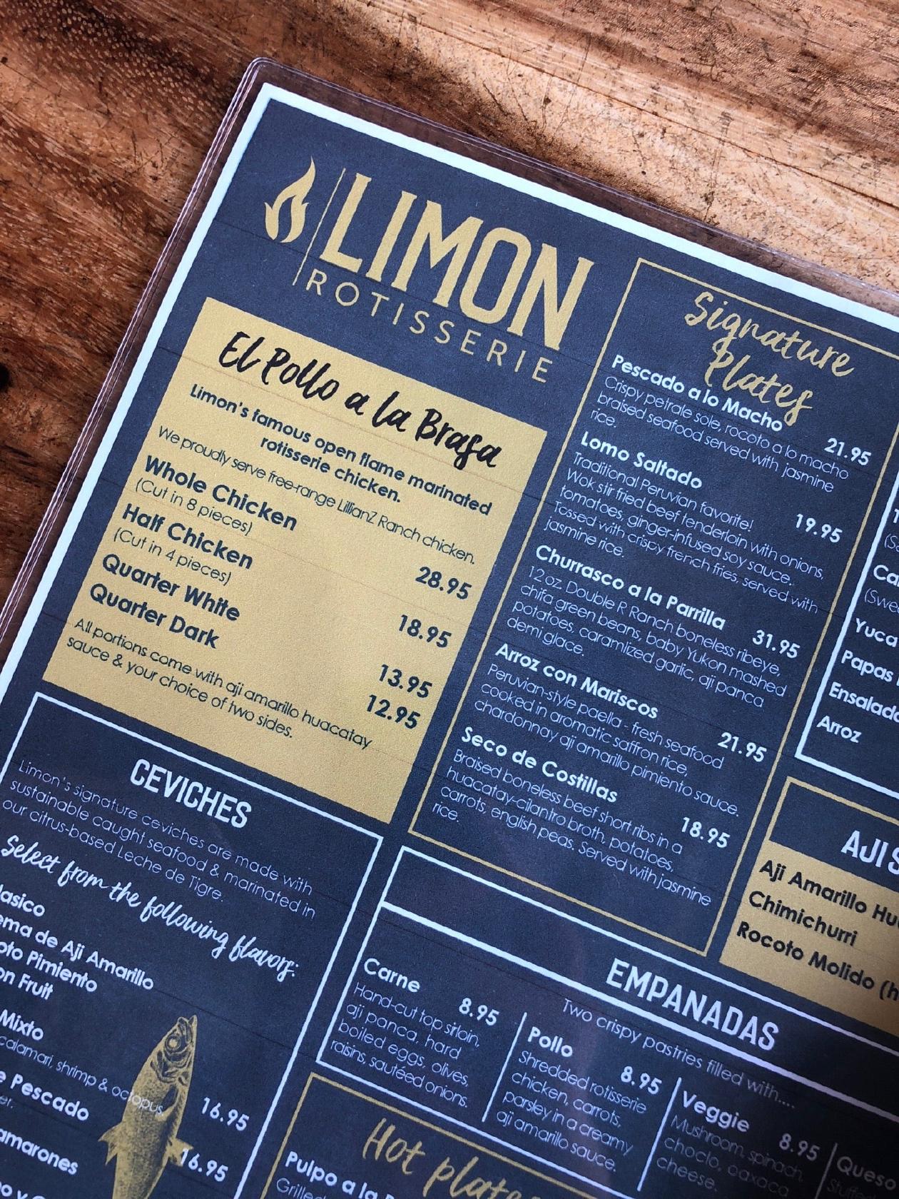 Menu at Limón restaurant, Burlingame