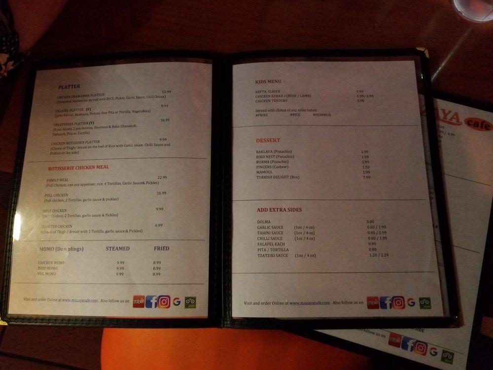 Menu at Mazaya Cafe, Albuquerque