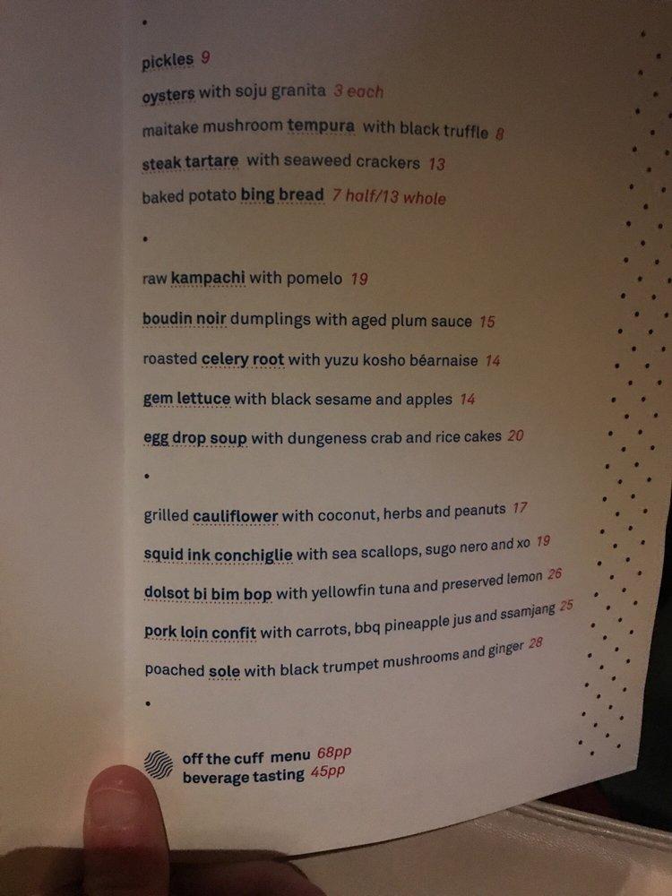 Menu at Parachute restaurant, Chicago