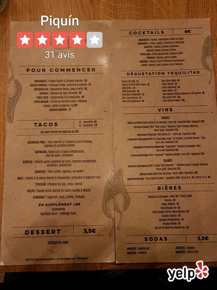 Menu at Piquin restaurant, Lyon