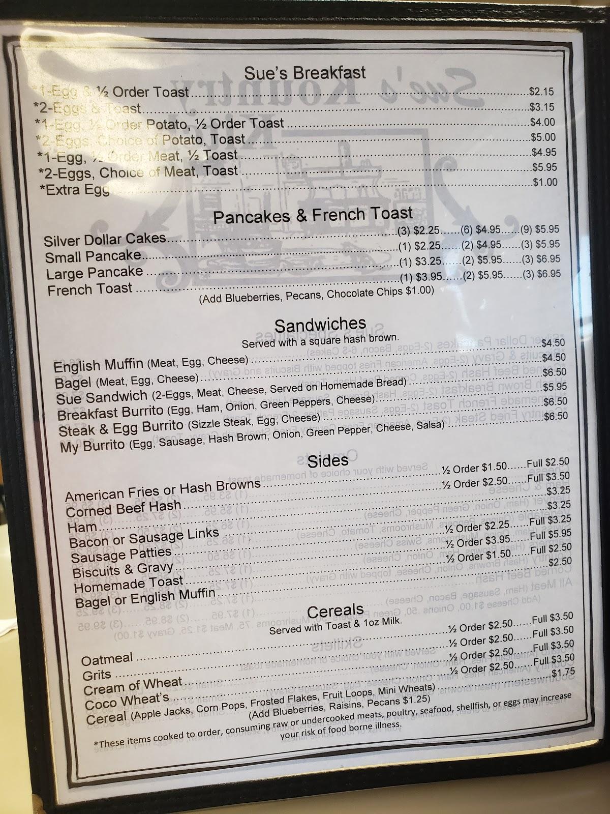 Menu at Sue's Kountry Kitchen restaurant, Cedar Springs