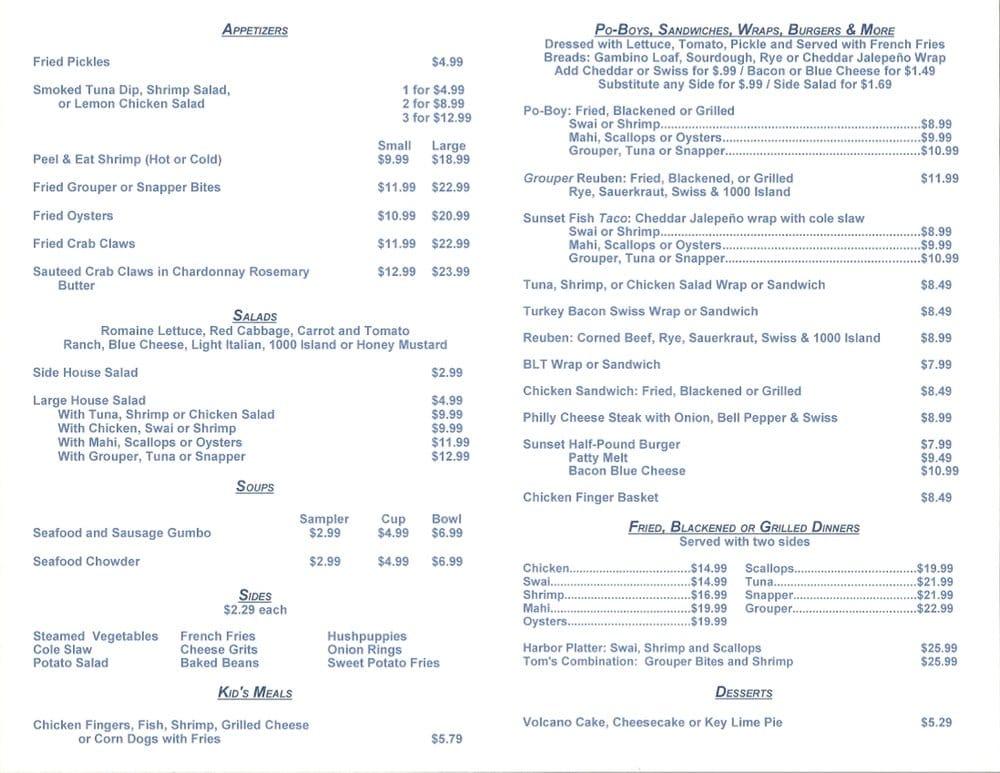 Menu at Sunset Grille restaurant, Perdido Key