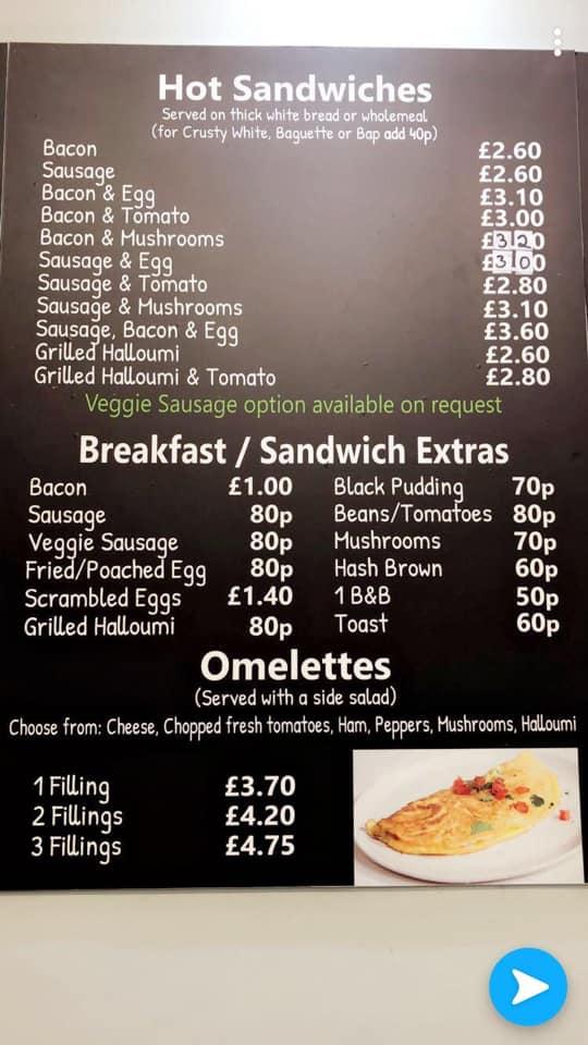 Menu at The Pit Stop Cafe, Birmingham