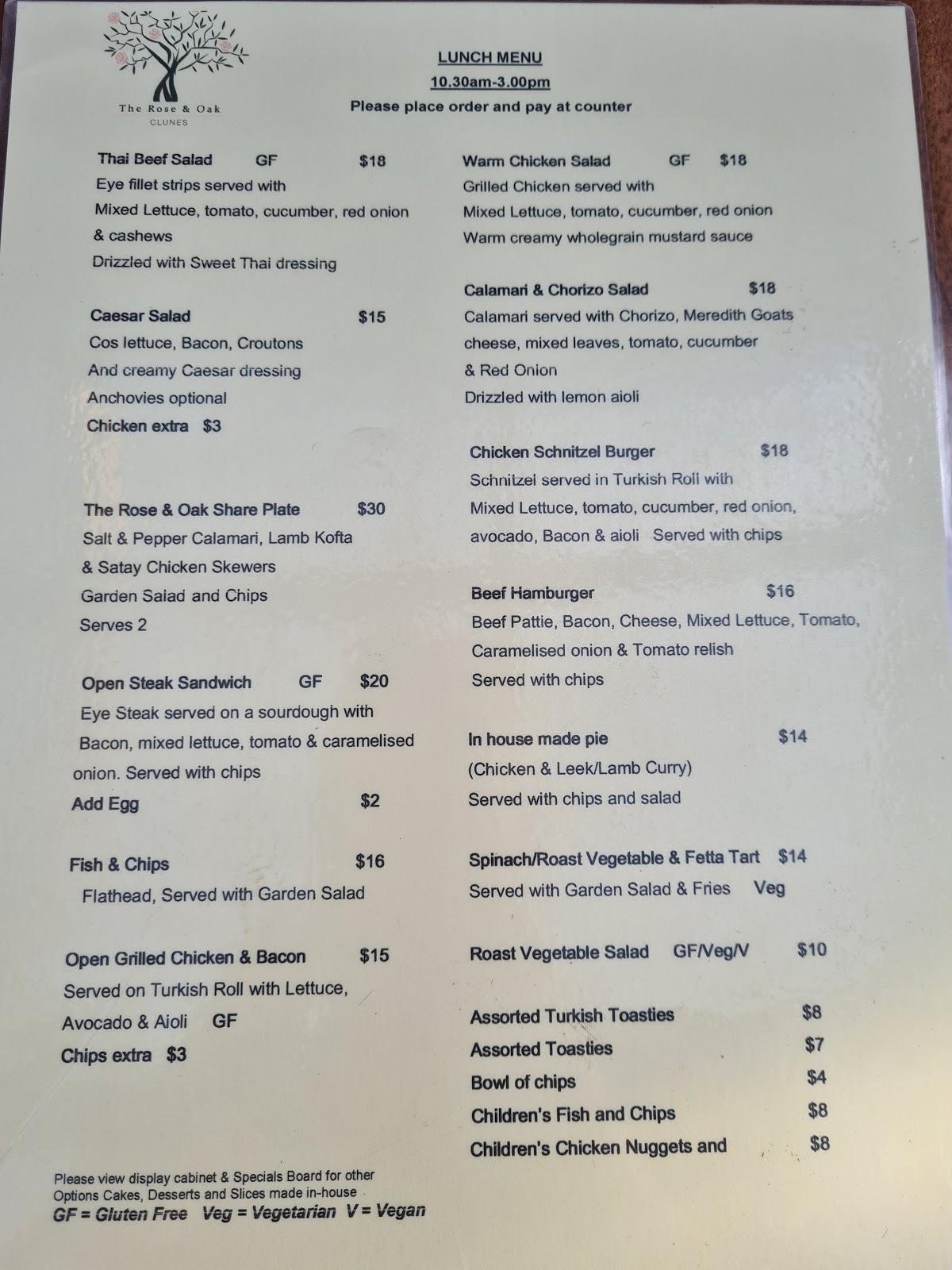 Menu at The Rose & Oak Cafe, Clunes