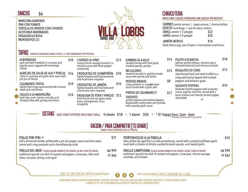Menu at Villa Lobos Tapas restaurant, Freeport