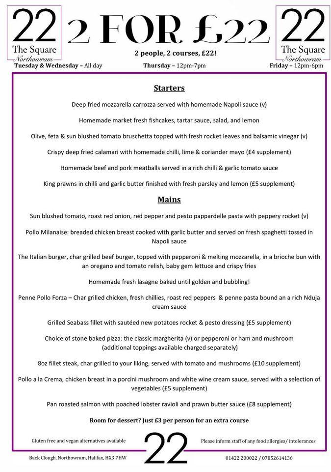 Menu at 22 The Square Restaurant, Halifax