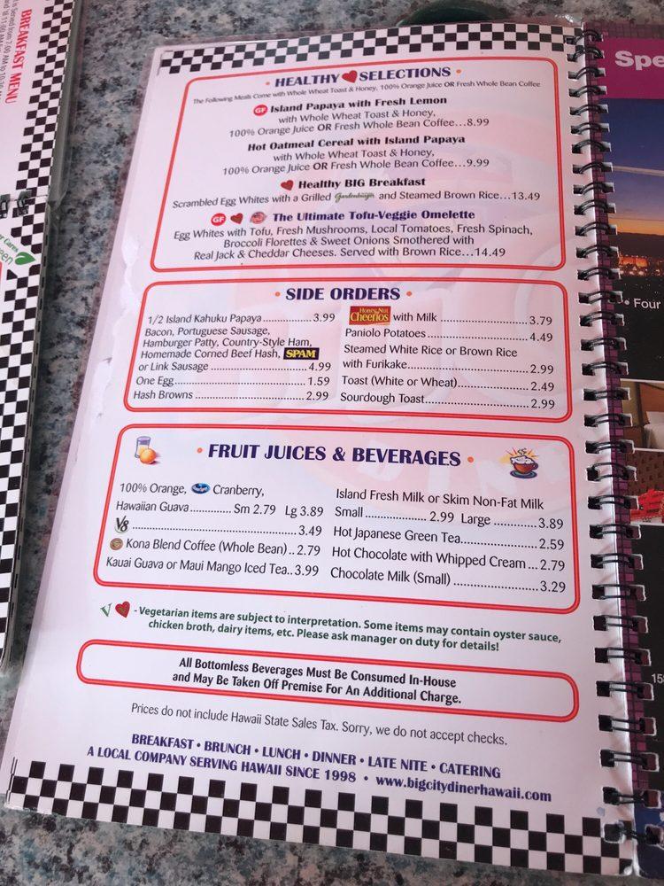 Menu at Big City Diner restaurant, Waipahu, 94-800 Ukeʻe Street #305