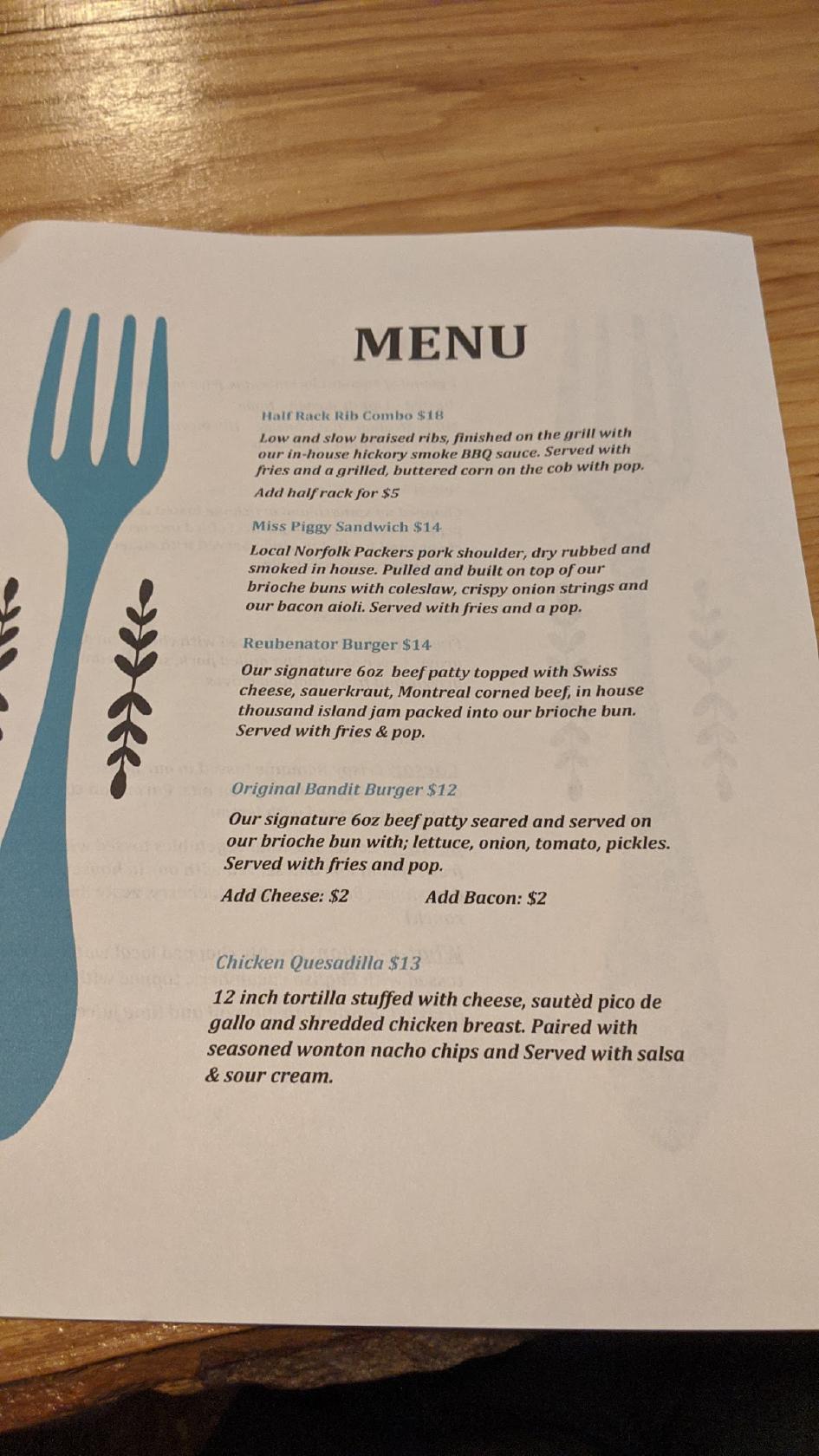 Menu at Chef Stan's Saloon restaurant, Port Rowan