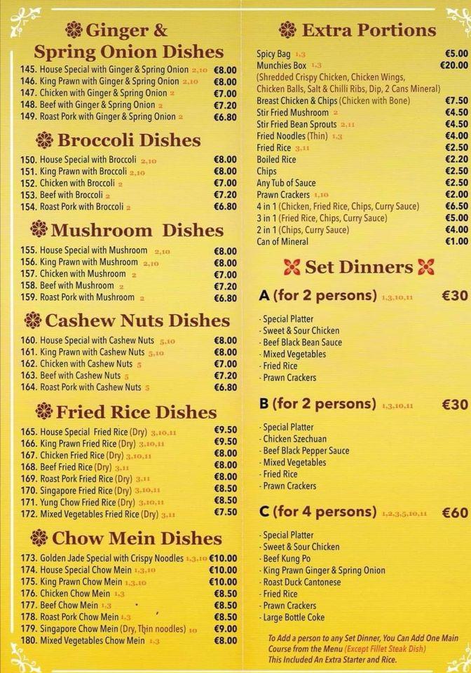 Menu at Golden Jade restaurant, Waterford, Dunmore Rd