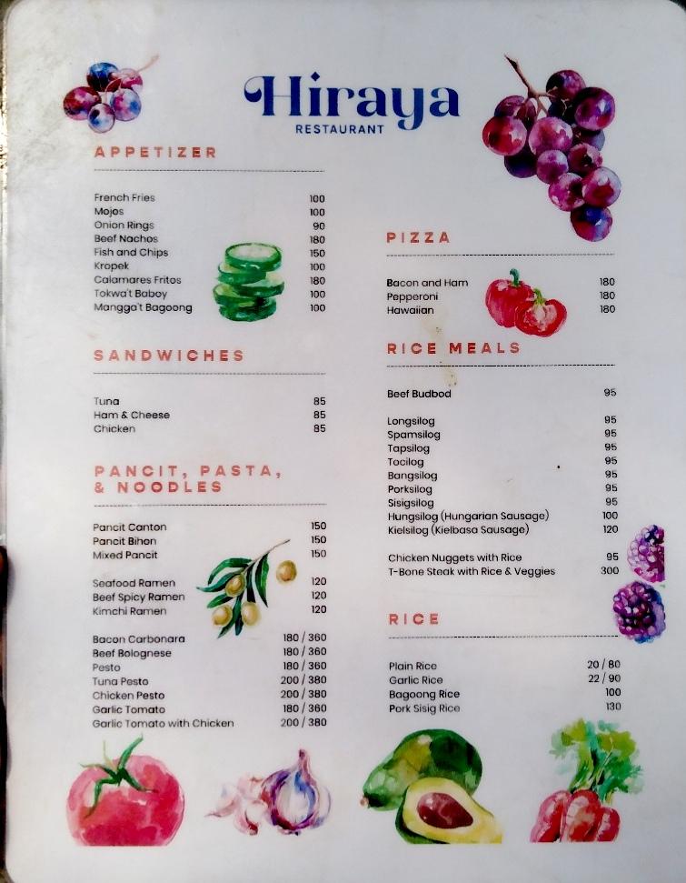 Carta de Hiraya Restaurant, Binangonan