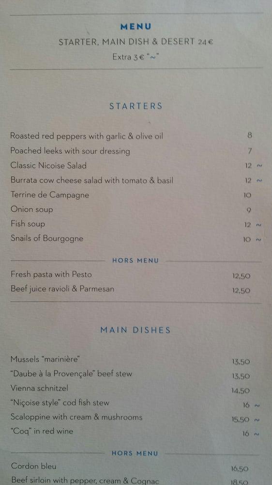 Menu at Chez Davia restaurant, Nice