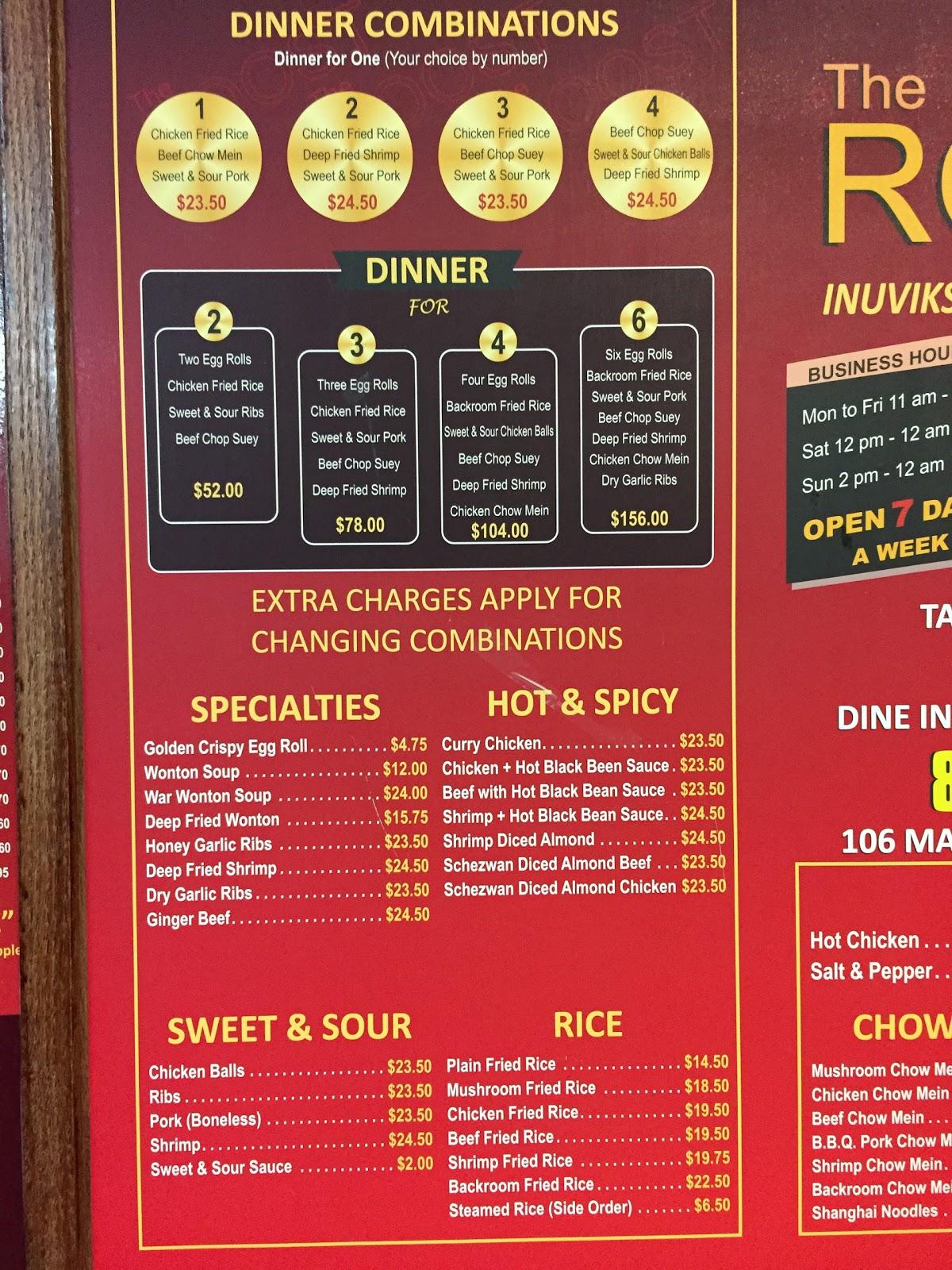 Menu at The Roost Restaurant, Inuvik