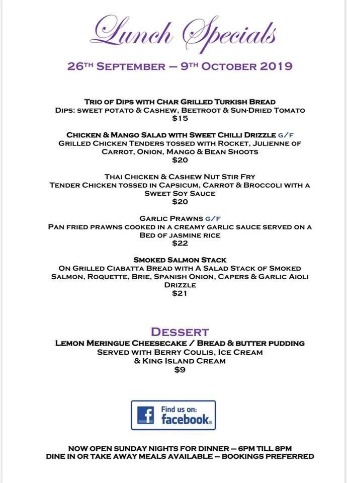 Menu at The Bower Tavern restaurant, Cohuna
