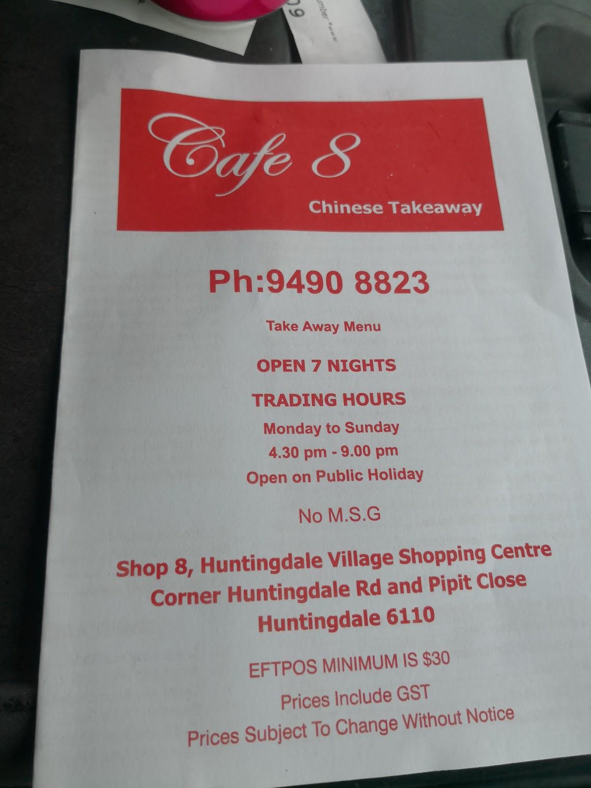 Menu at Cafe 8, Huntingdale