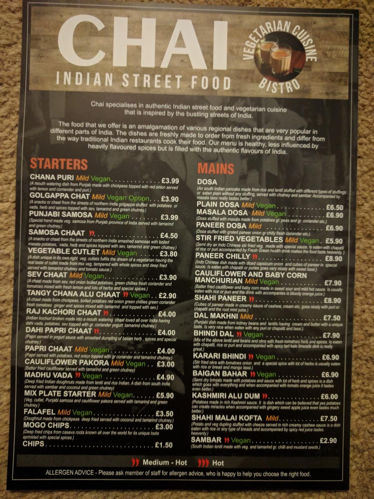Menu at Chai Station - Vegetarian vegan Indian restaurant, Chester