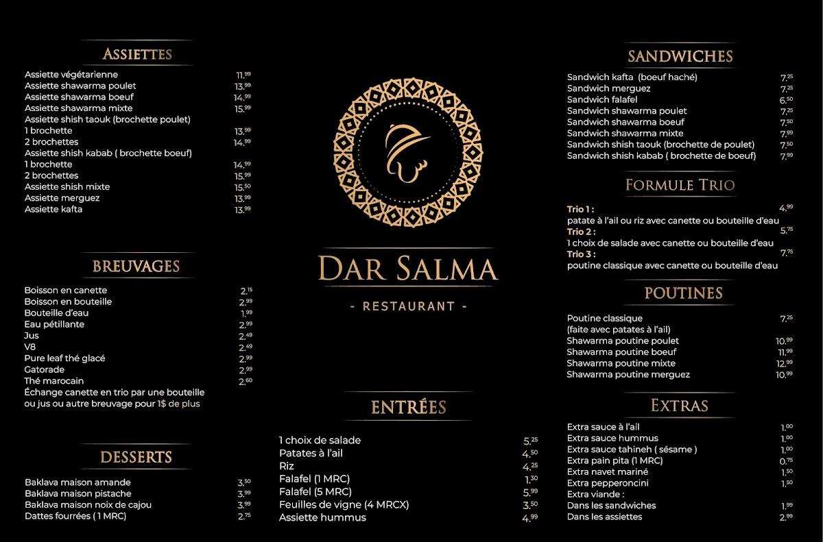 Menu au Restaurant dar salma, Saguenay