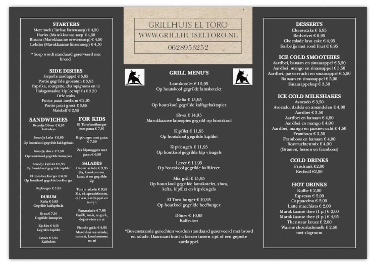 Menu at Grillhuis El Toro, The Hague