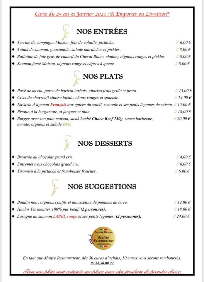 Menu au Le Cheval Blanc restaurant, Molsheim