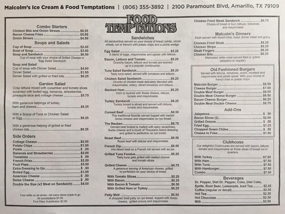 Menu at Malcolm's Ice Cream & Food restaurant, Amarillo