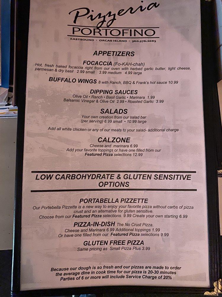 Menu at Pizzeria Portofino, Eastsound