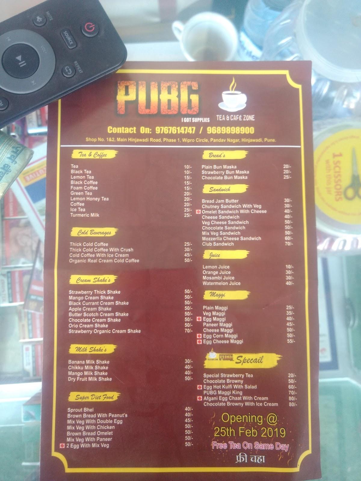 Menu at Pubg tea cafe zone hinjawadi, Pune