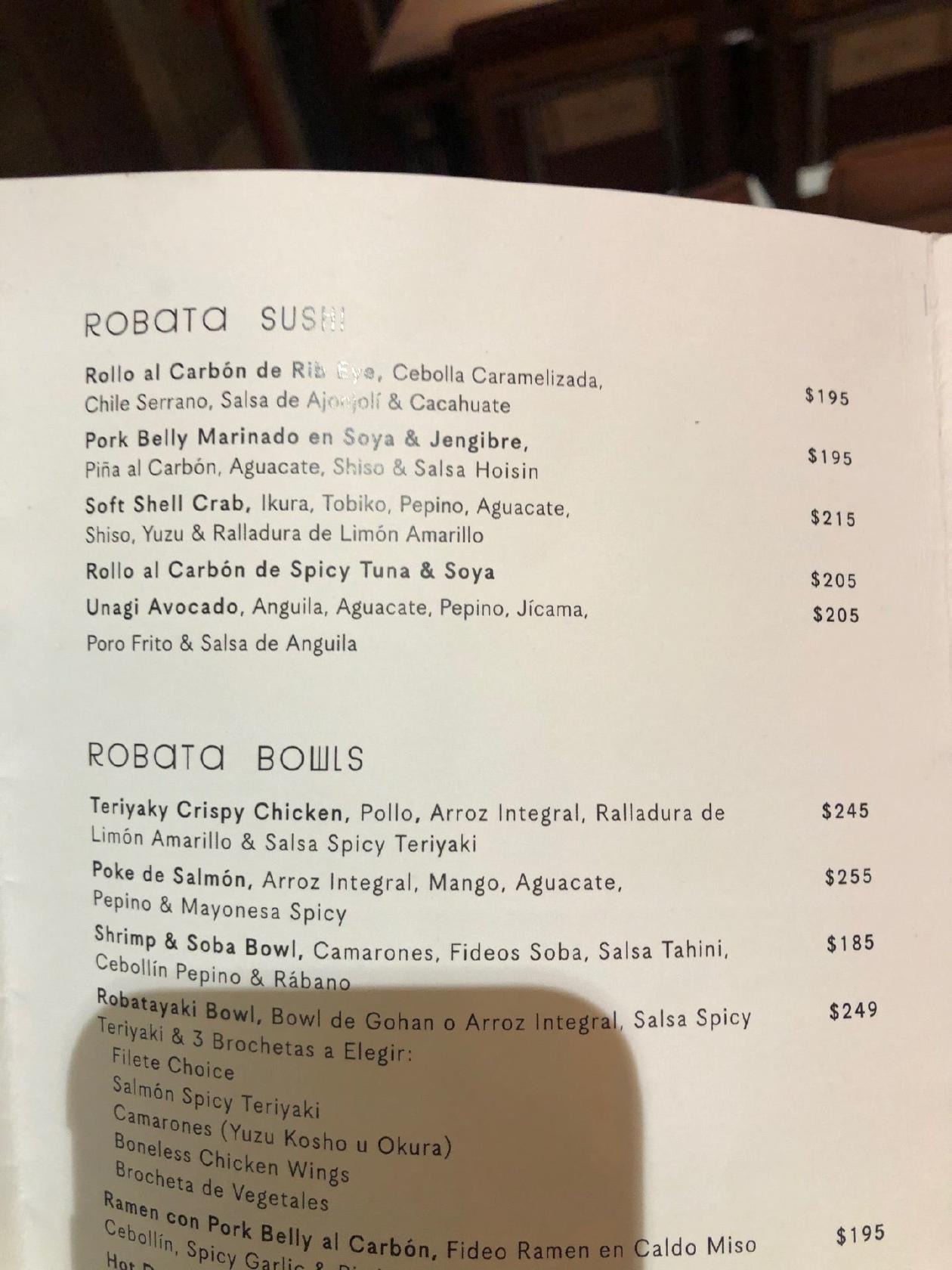 Menu at Robata restaurant, Zapopan