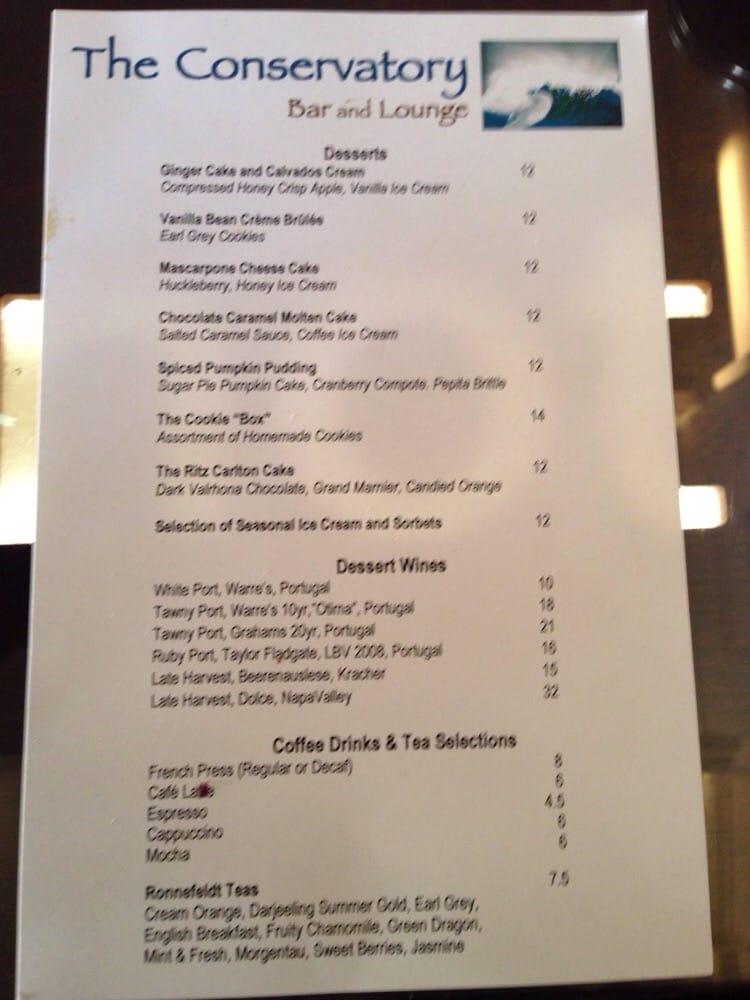 Menu at The Conservatory restaurant, Half Moon Bay