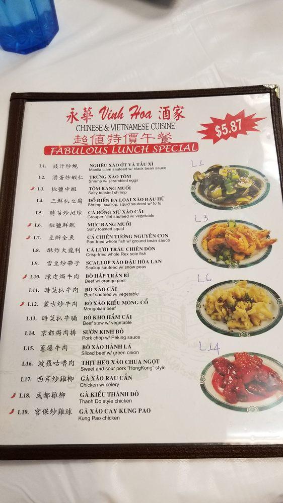 Menu at Vinh Hoa restaurant, Houston, Bellaire Blvd STE 126