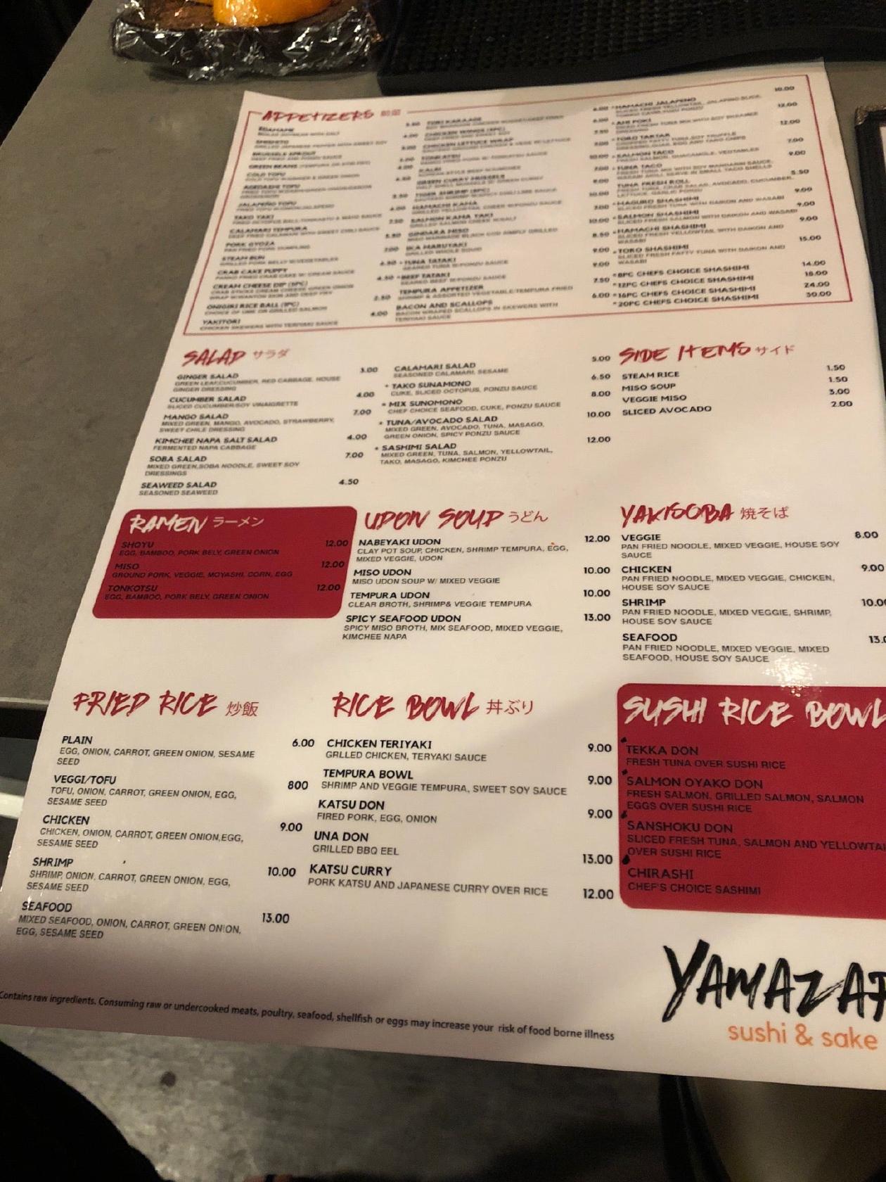 Menu at Yamazaru Sushi & Sake restaurant, Charlotte
