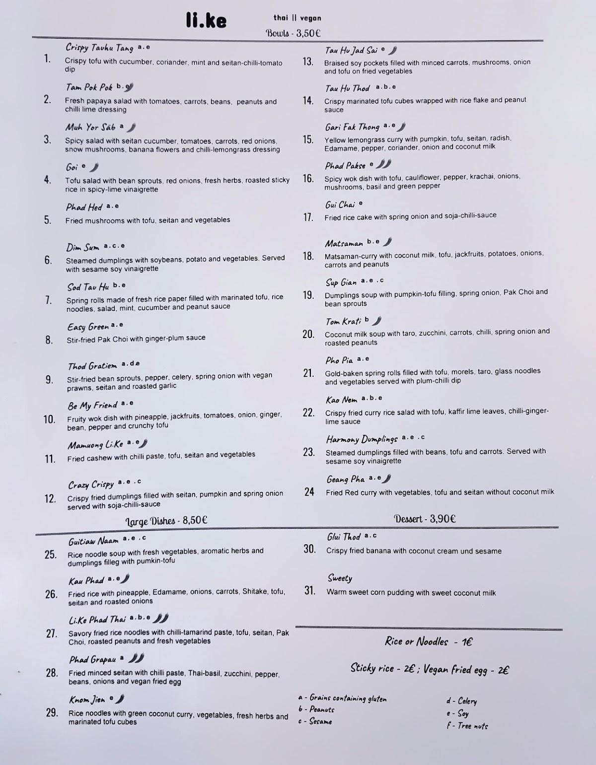 Menu at li.ke : seriousthaivegan restaurant, Berlin