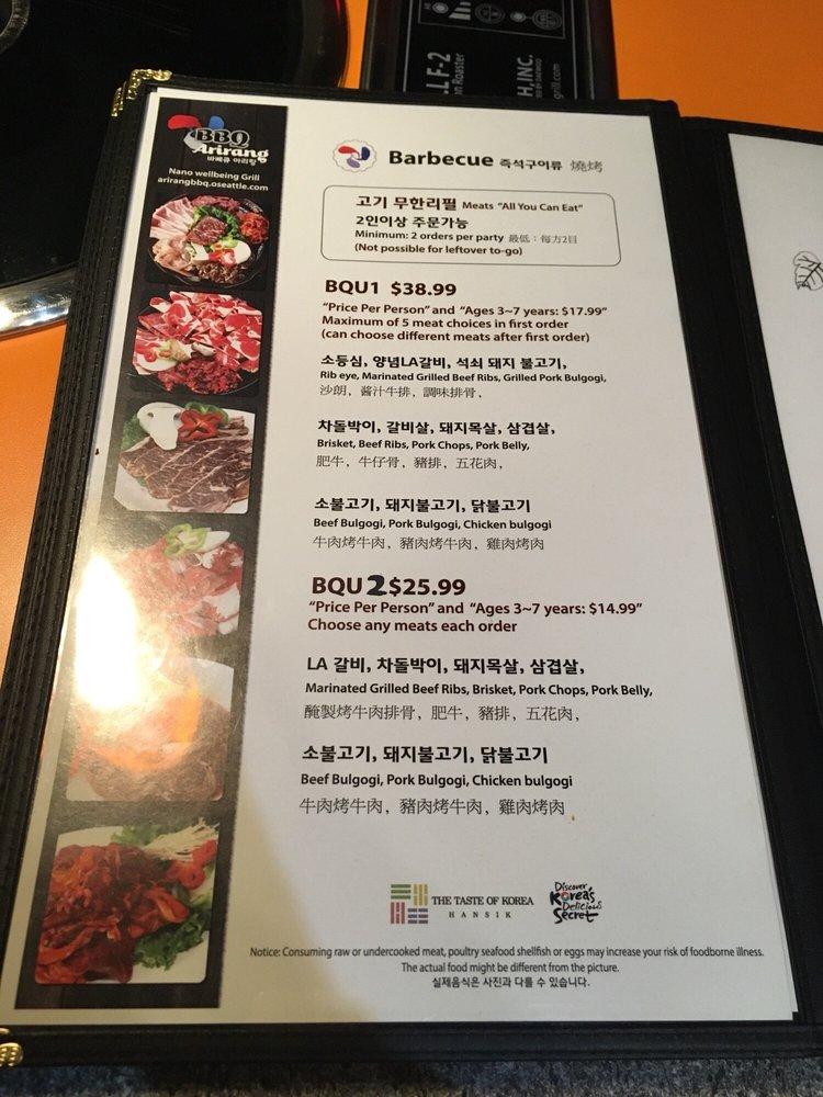 Menu at Arirang Korean BBQ Mill Creek, Mill Creek
