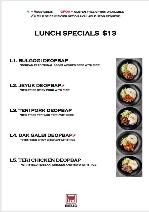 Menu at Beud restaurant, Maitland