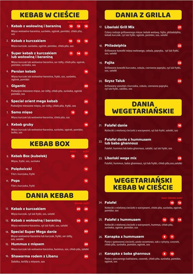 Menu at Kebab orient restaurant, Milicz
