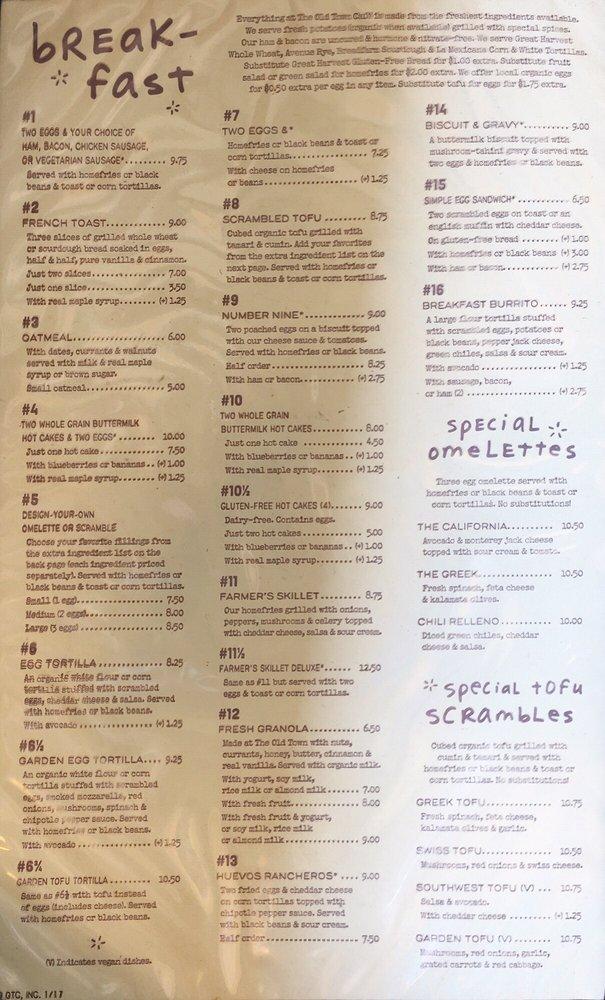 Menu at Old Town Cafe, Bellingham