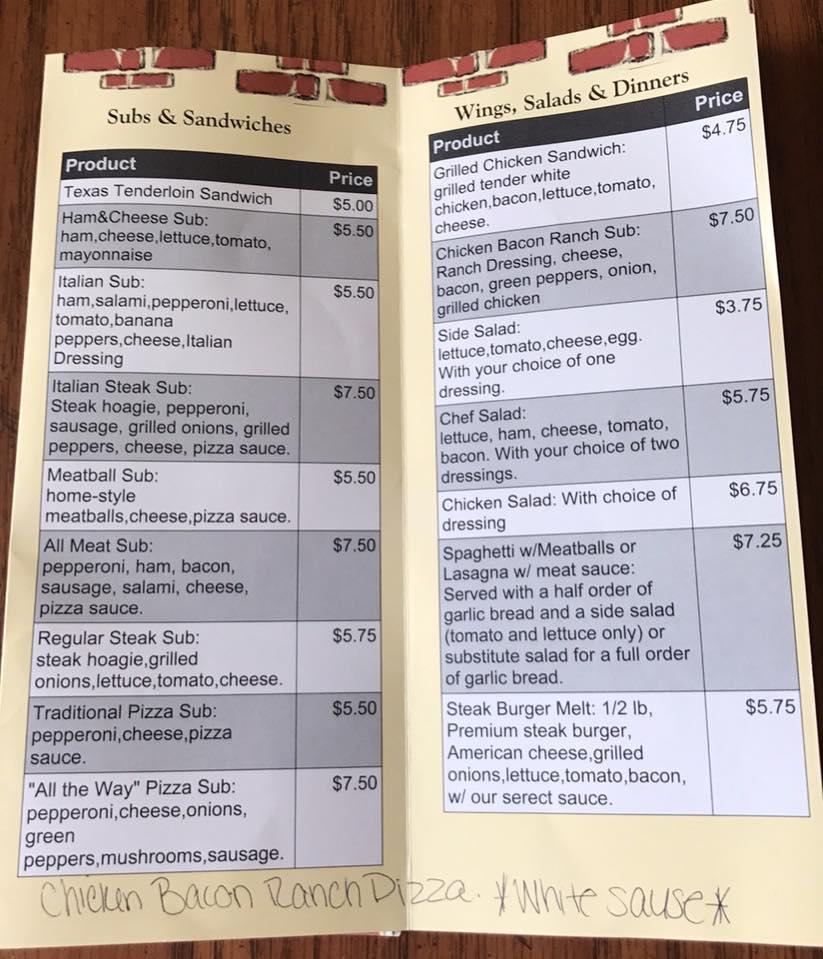 Menu at Paps Pizza restaurant, Tarlton