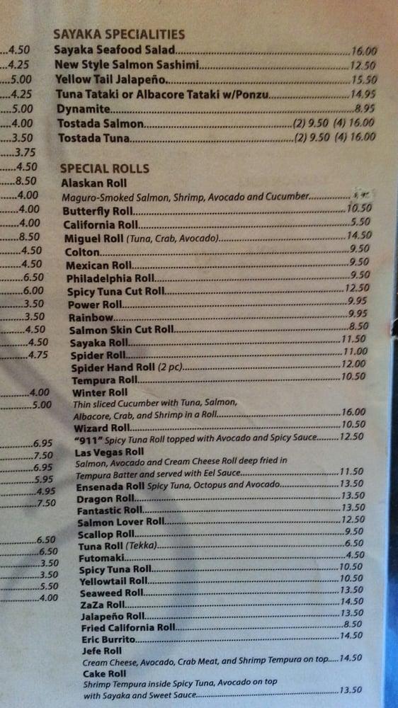 Carta de Sayaka Japanese Restaurant, Colton